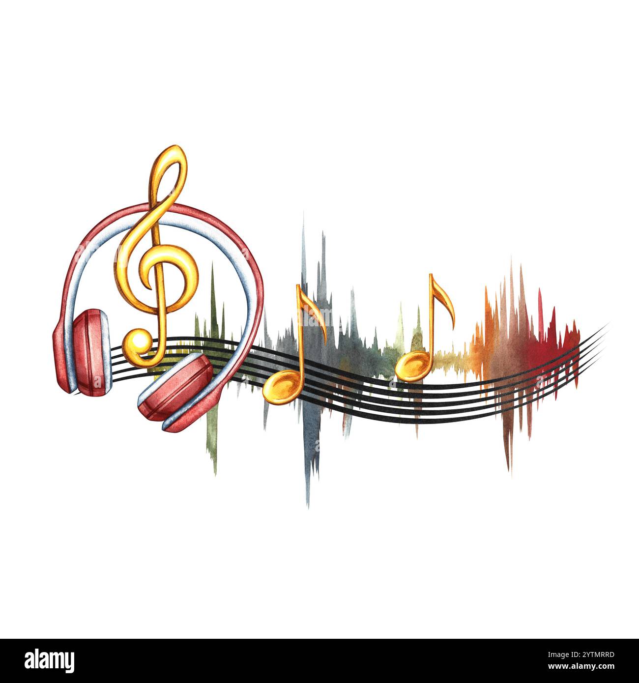 Musical notation, sheet music and red headphones. The watercolor ...