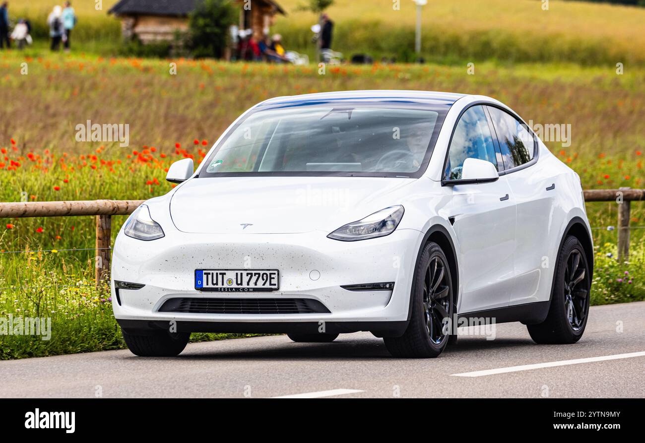 Oberglatt, Switzerland, 15th Jun 2024: A white Tesla Model Y drives on ...