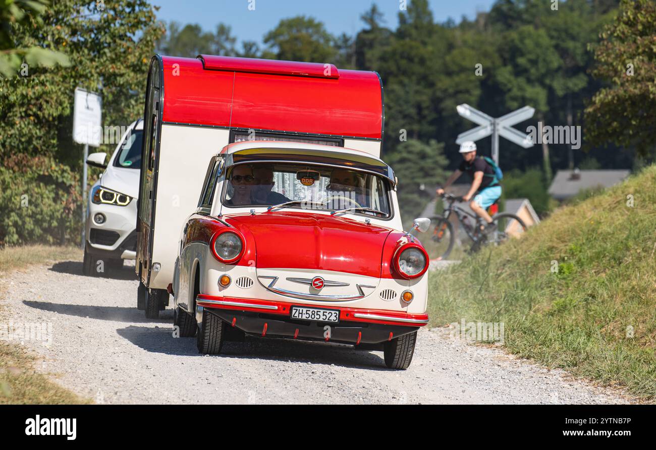 Hüntwangen, Switzerland, 24th Aug 2024: A Trabant 600 limousine pulls a ...