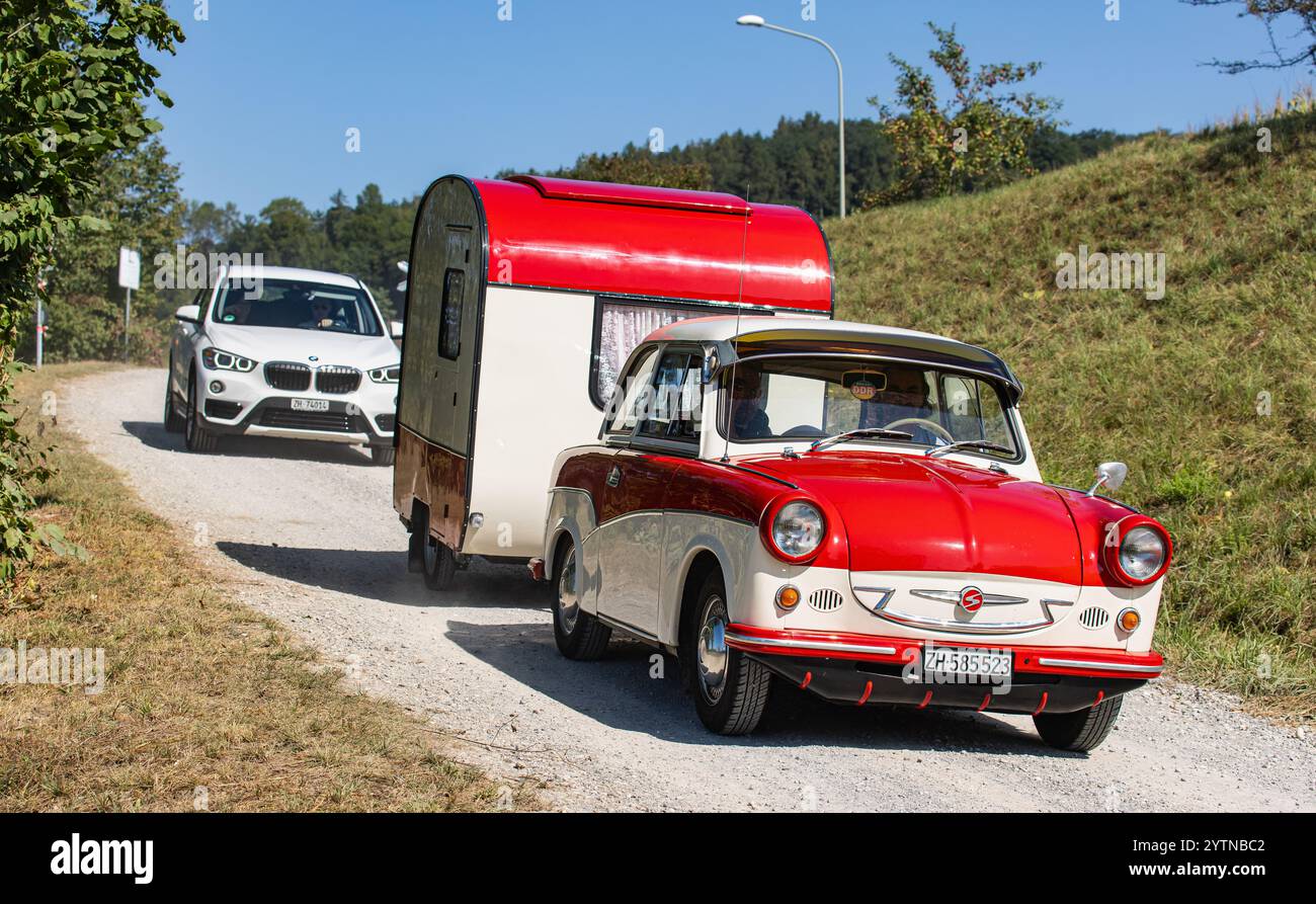 Hüntwangen, Switzerland, 24th Aug 2024: A Trabant 600 limousine pulls a ...