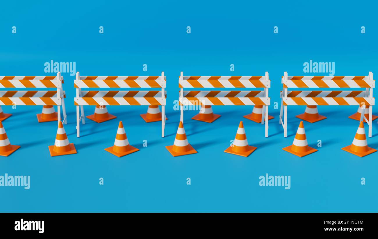 Line of orange traffic cones and barriers on blue background. Safety ...