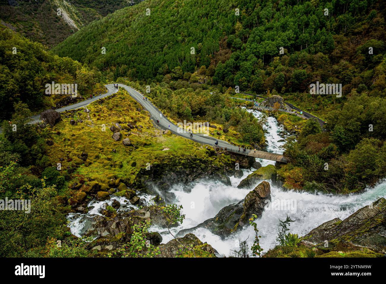 Pathways and footbridges through a lush valley with cascading ...
