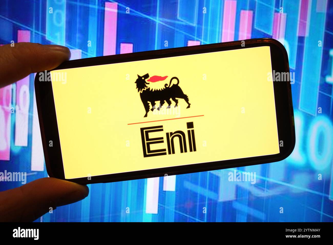 In this photo illustration, the Eni company logo is seen displayed on a ...