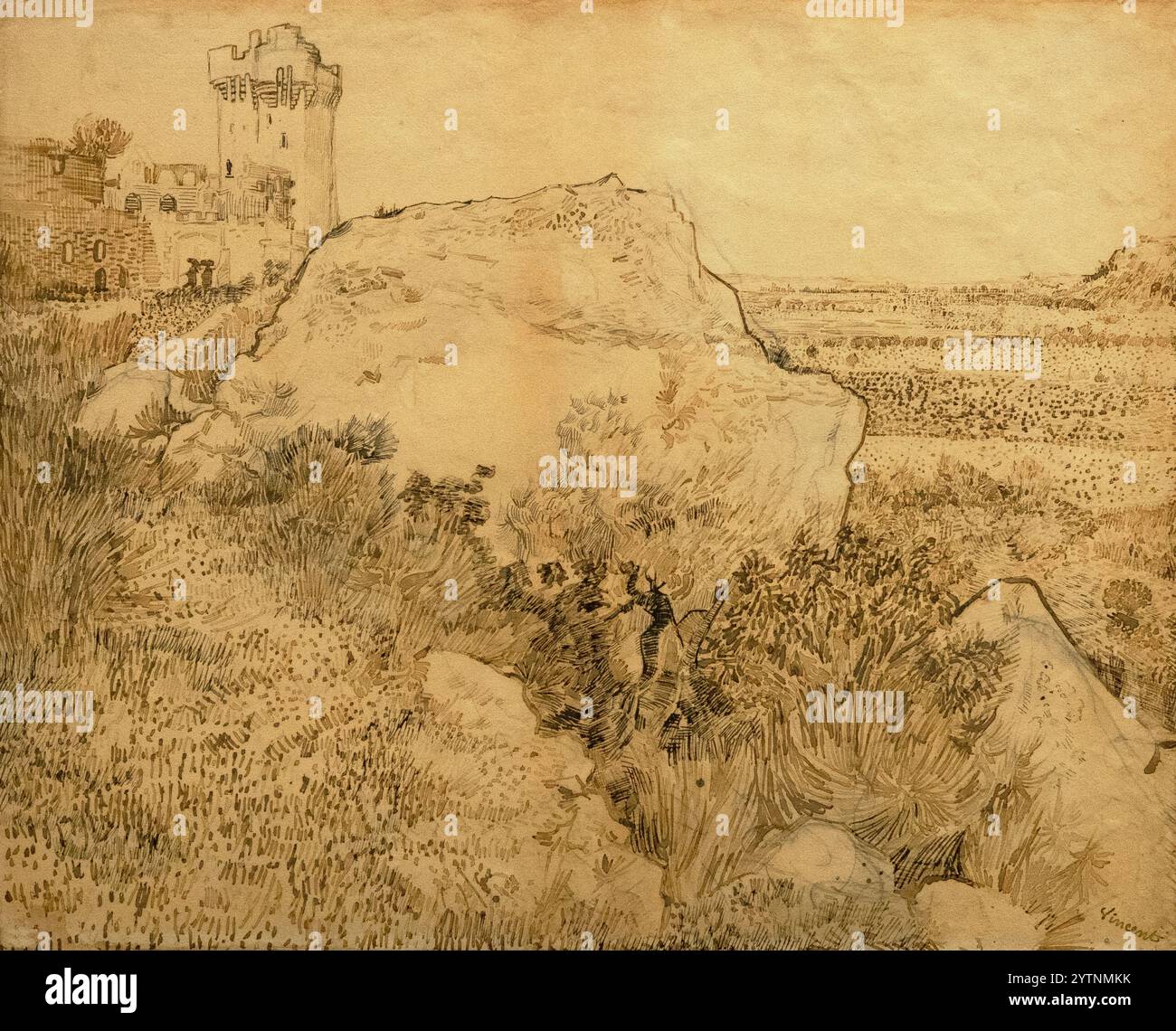 Van Gogh drawing "Hill with the Ruins of Montmajour" 1888. 19th century ...