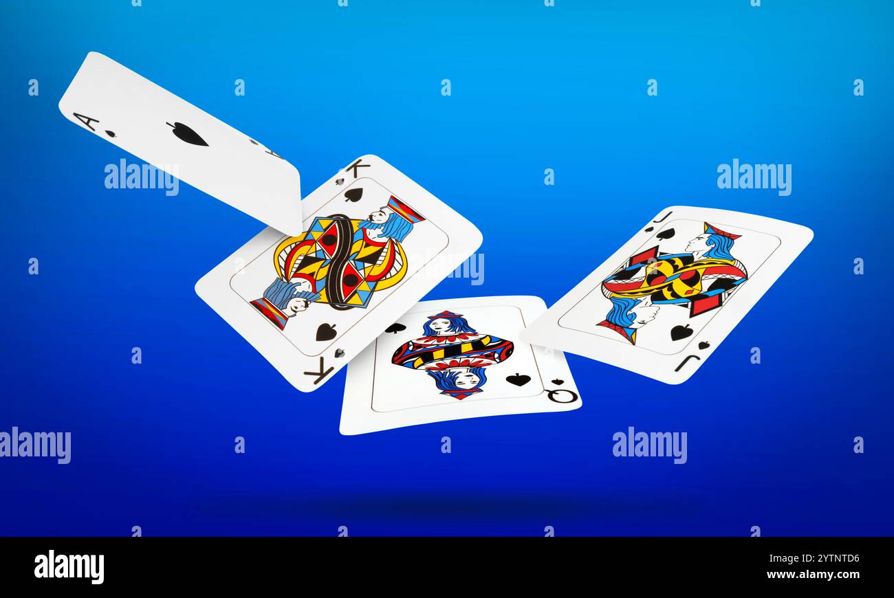 Playing cards of spades suit in air on blue gradient background, banner ...