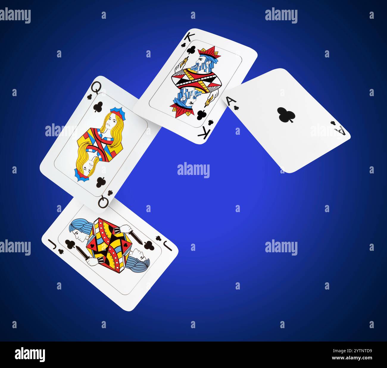 Playing cards of clubs suit in air on blue gradient background. Poker ...