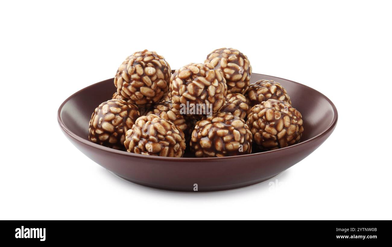 Delicious chocolate puffed rice balls in bowl isolated on white Stock ...