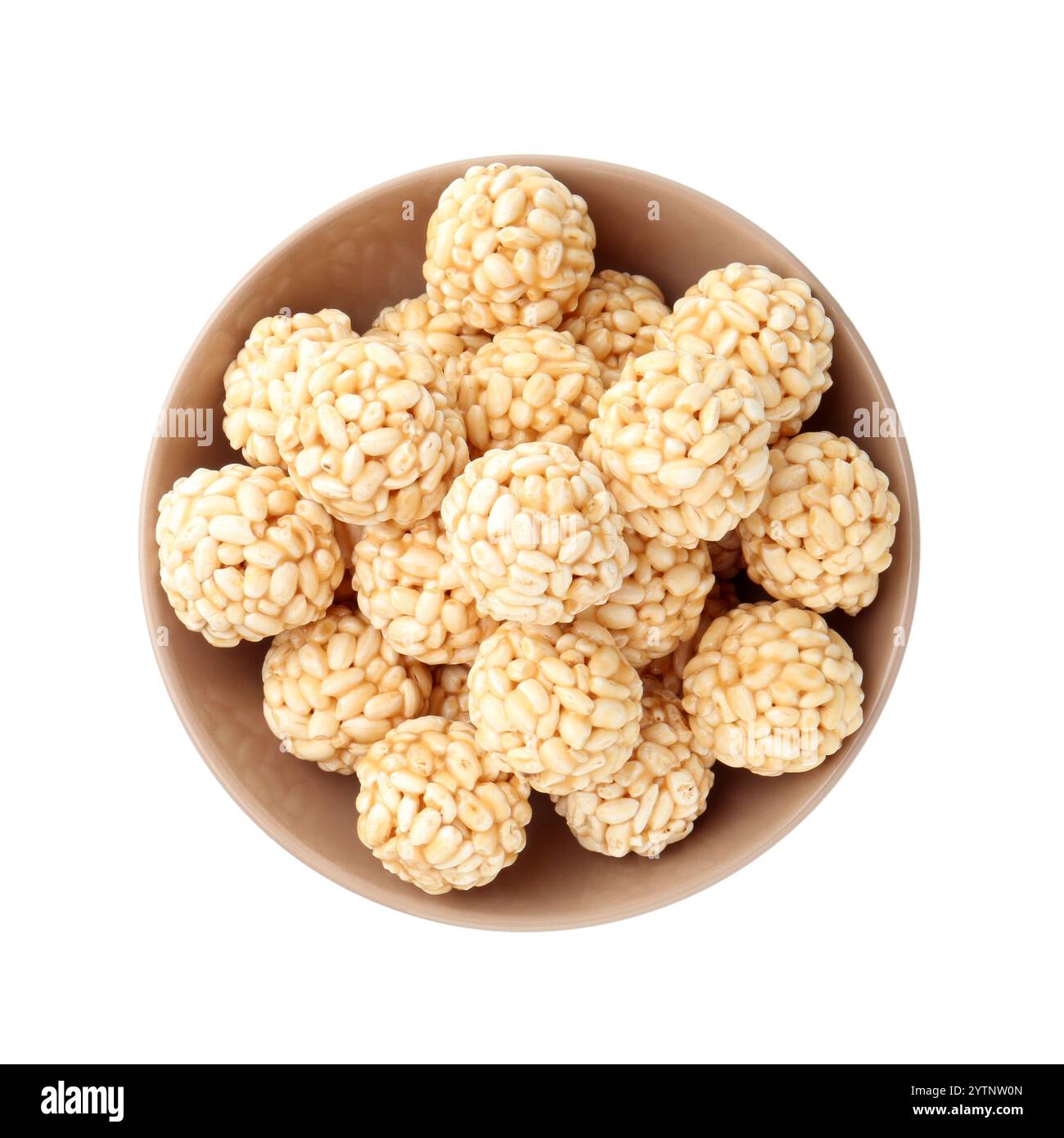 Delicious puffed rice balls in bowl isolated on white, top view Stock ...