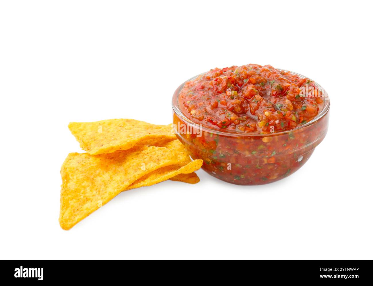 Delicious homemade red salsa with nachos isolated on white Stock Photo ...