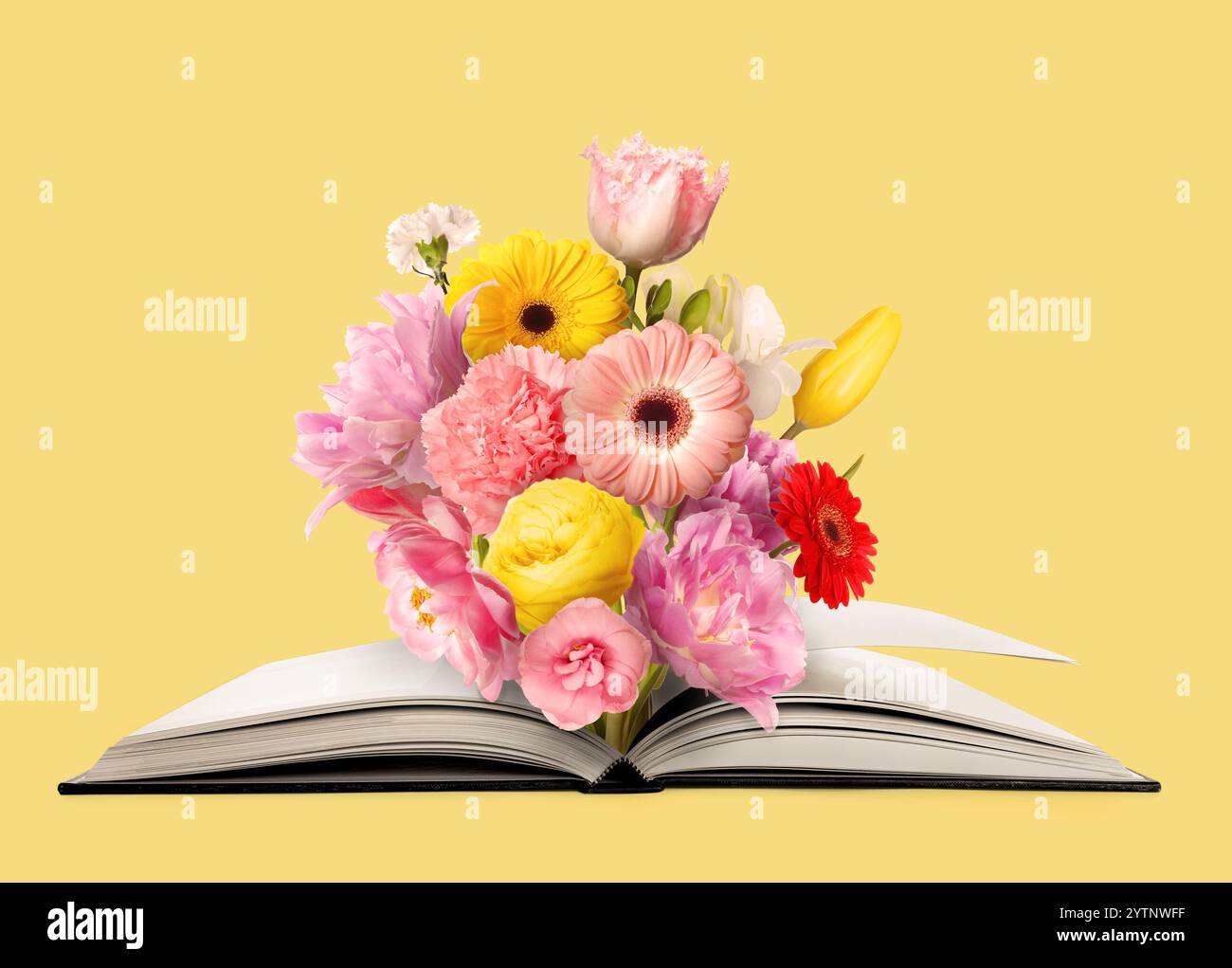 Open book with beautiful flowers between pages on golden background ...