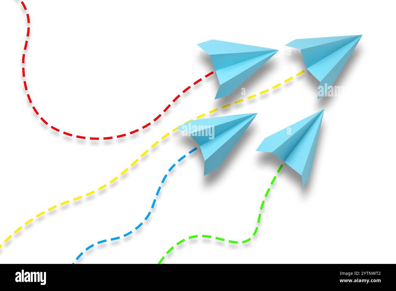 Light blue paper planes with flight paths on white background. Dashed ...