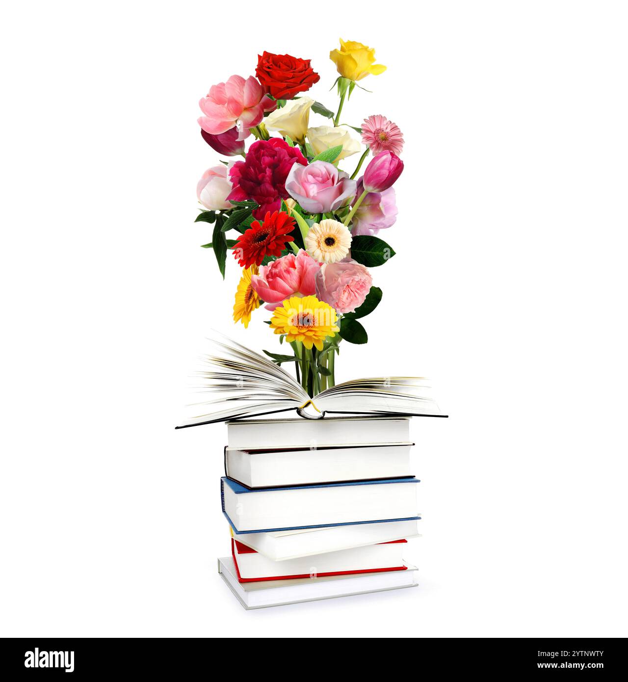 Stacked books and open one with beautiful flowers between pages on ...