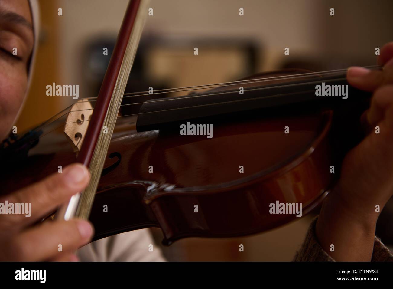 Detailed view of a musician's hands skillfully playing a violin ...