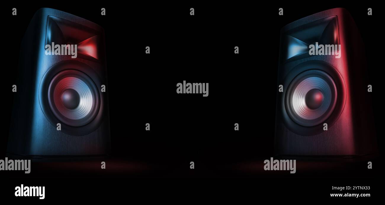 Two sound speakers on black background, banner design Stock Photo - Alamy