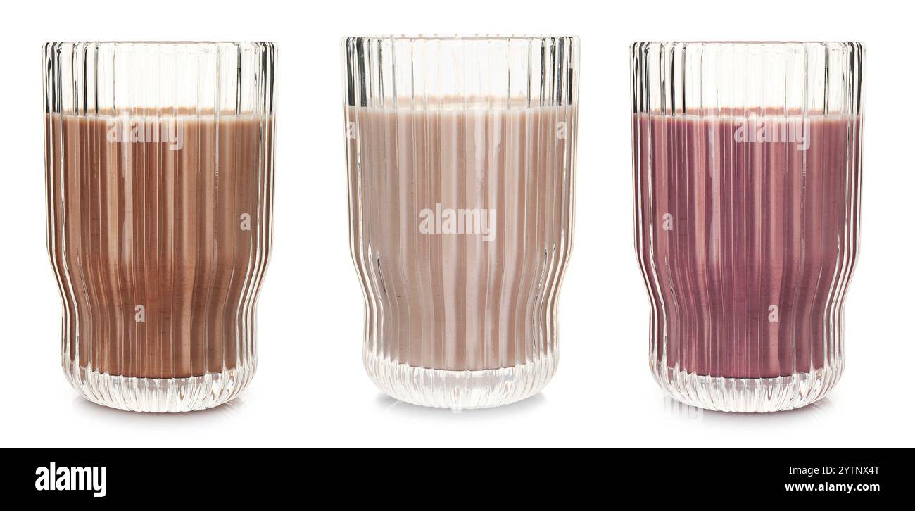 Protein shakes of different flavors in glasses isolated on white, set ...