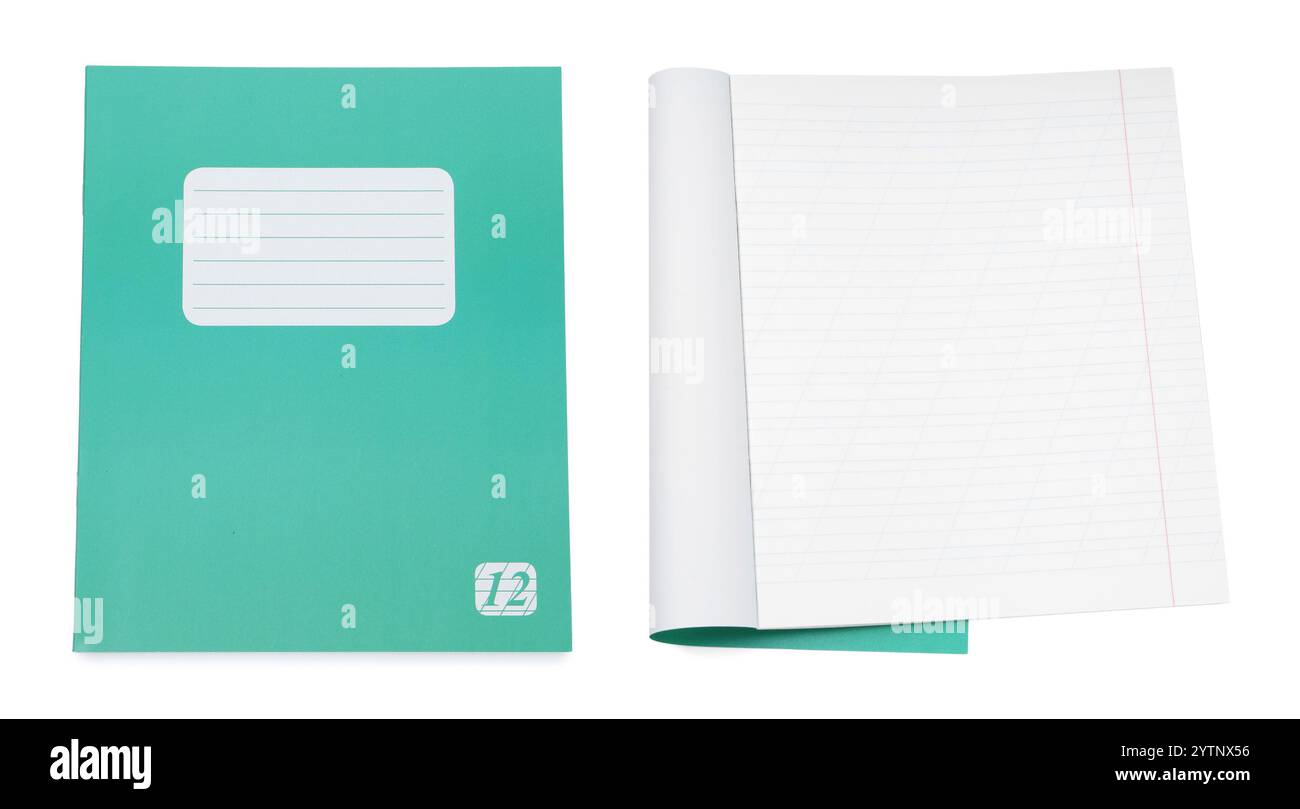 Open and closed notebook on white background. School stationery Stock ...