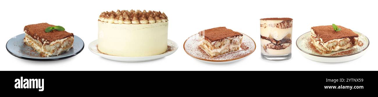 Yummy tiramisu desserts in different variations on white background ...