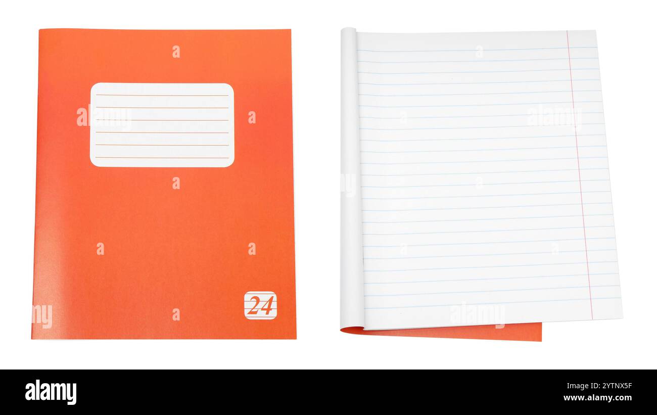 Open and closed notebook on white background. School stationery Stock ...
