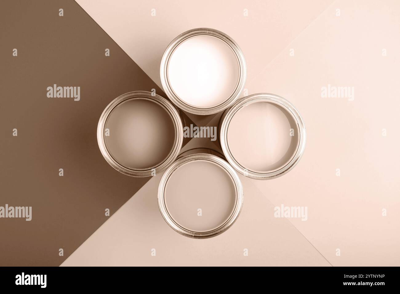 Top view of four paint cans with Mocha and Mousse inspiration Stock ...