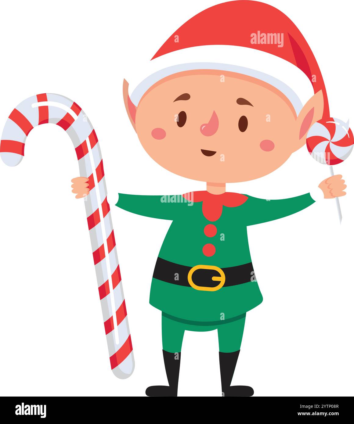 Festive christmas elf joyfully holding a giant candy cane and a ...