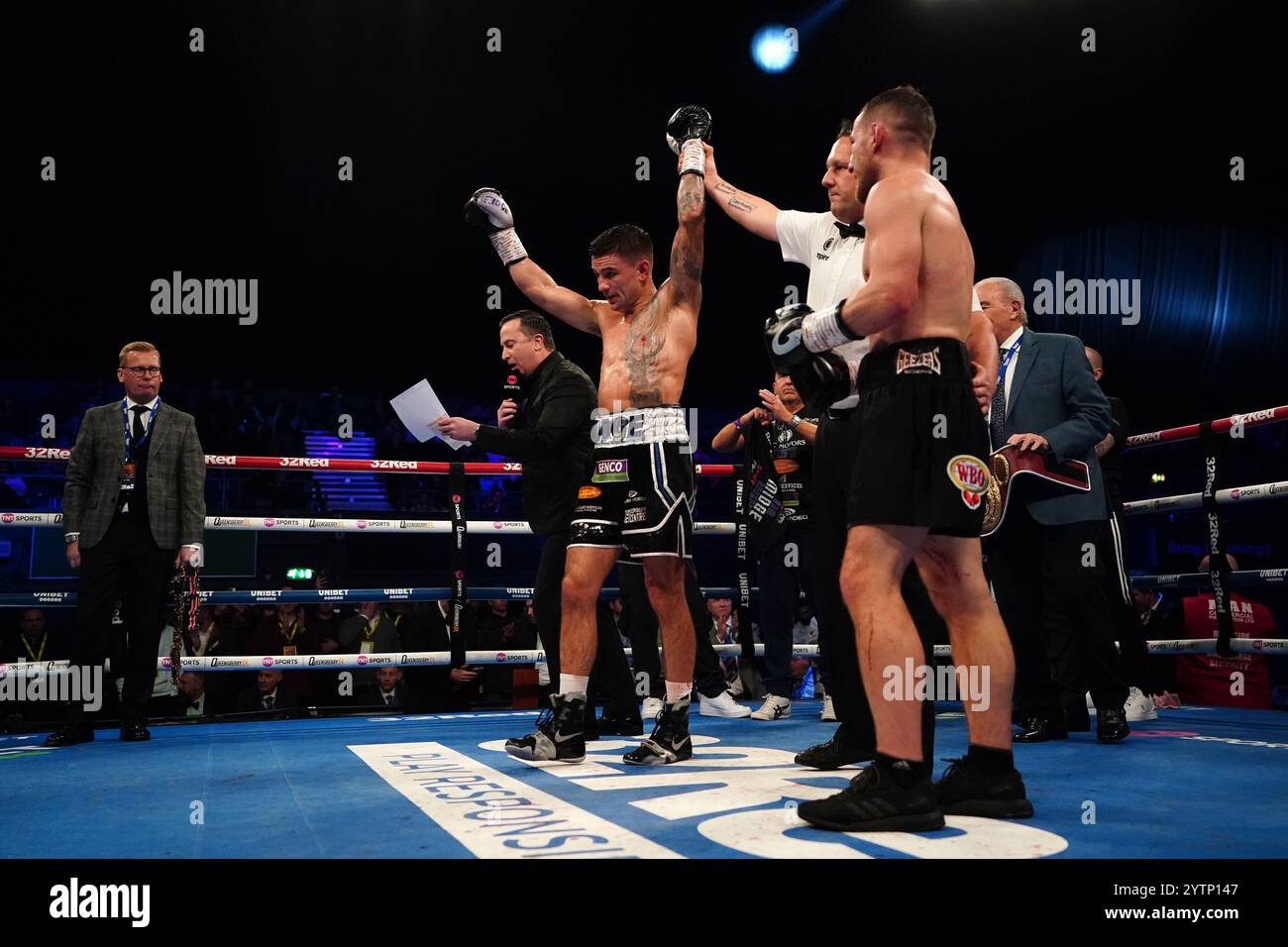 Sam Noakes (left) celebrates victory over Ryan Walsh at the OVO Arena ...