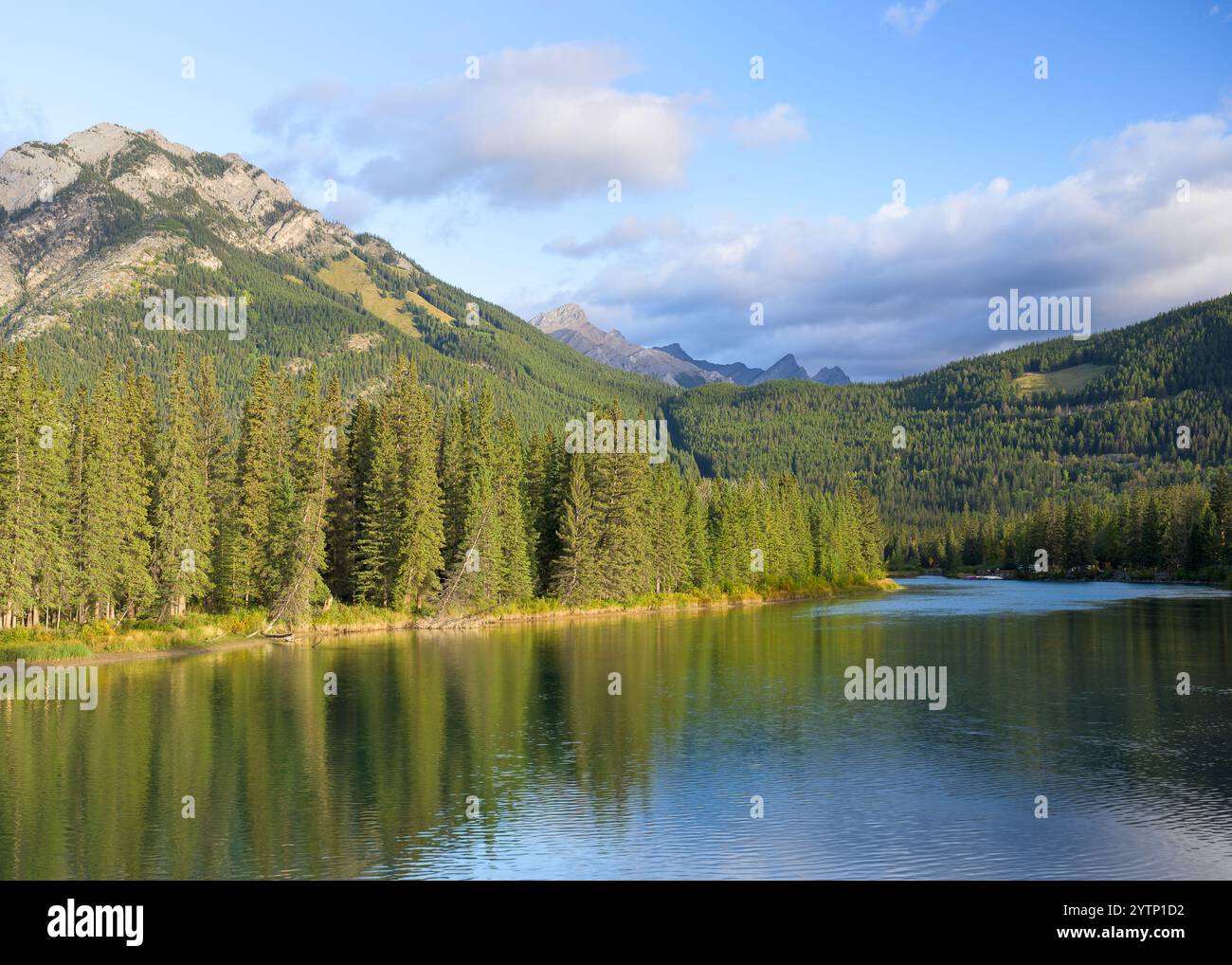 View down the Bow River from Banff Avenue in Banff, Alberta Stock Photo ...