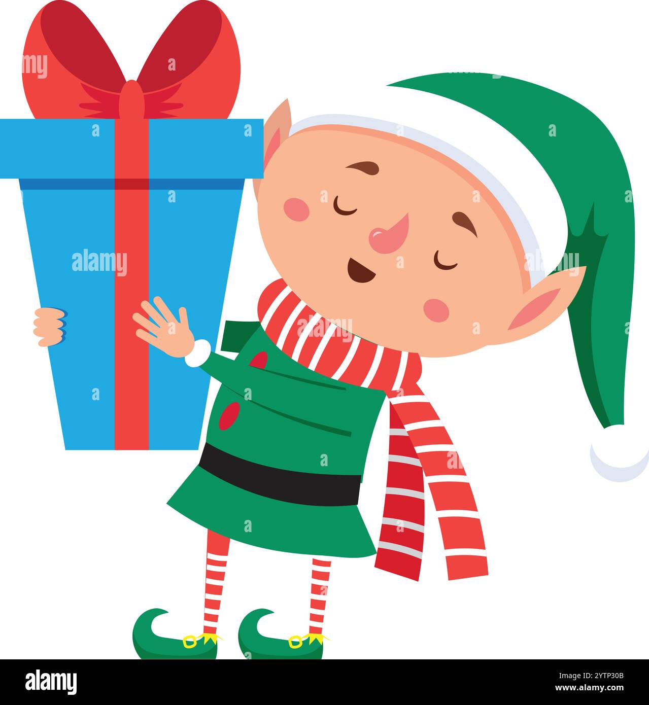 Happy christmas elf wearing green clothes and red and white scarf ...