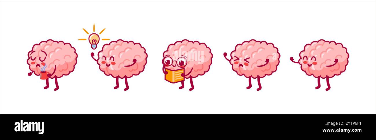 Brain with glasses reads a book, sleepy. Cute character in kawaii style ...