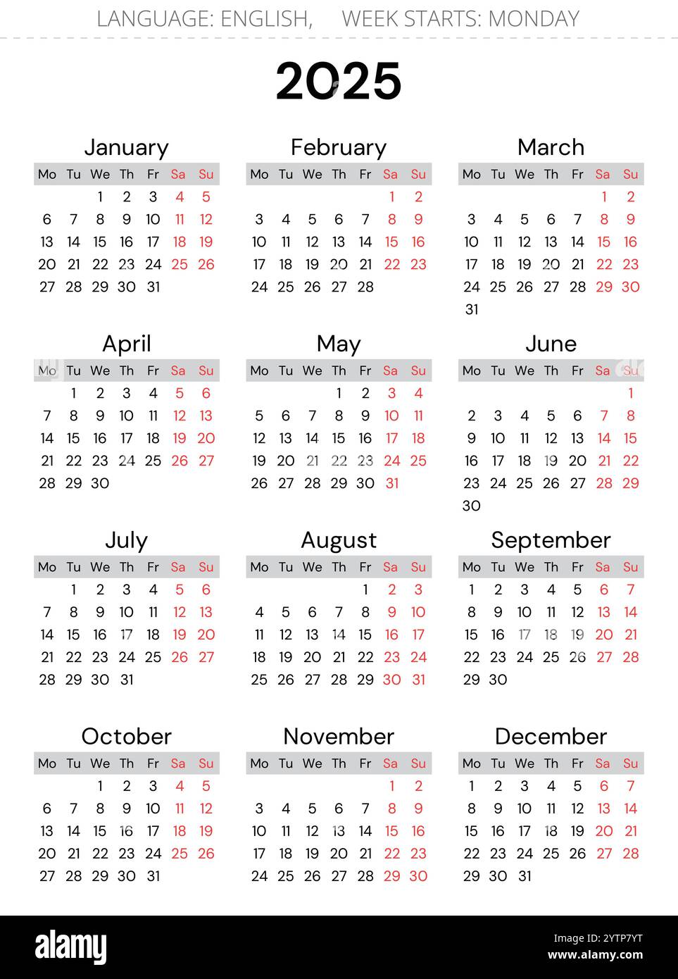 2025 year english calendar with 12 months. Vector illustration. Week ...