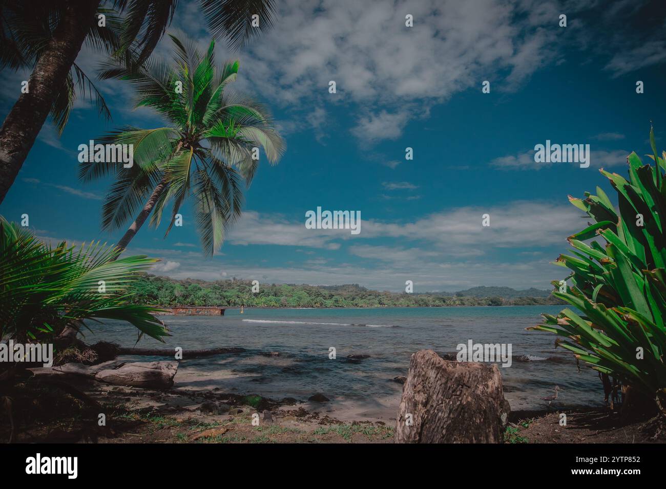 Panoramic view of beach at puerto viejo in costa rica. Rich blue skies ...