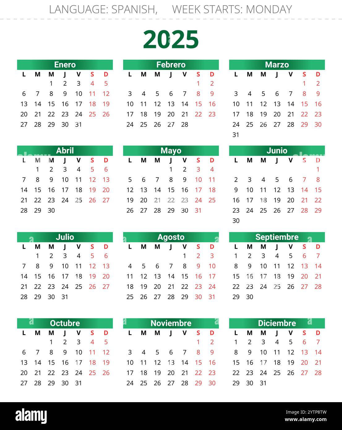 2025 spanish calendars. Vector illustration for Spain. Plan your year ...