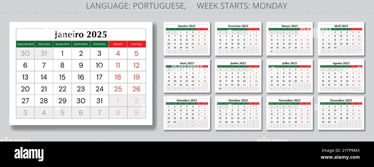 Set of PORTUGUESE calendar for 2025 year. Collection with paper monthly ...
