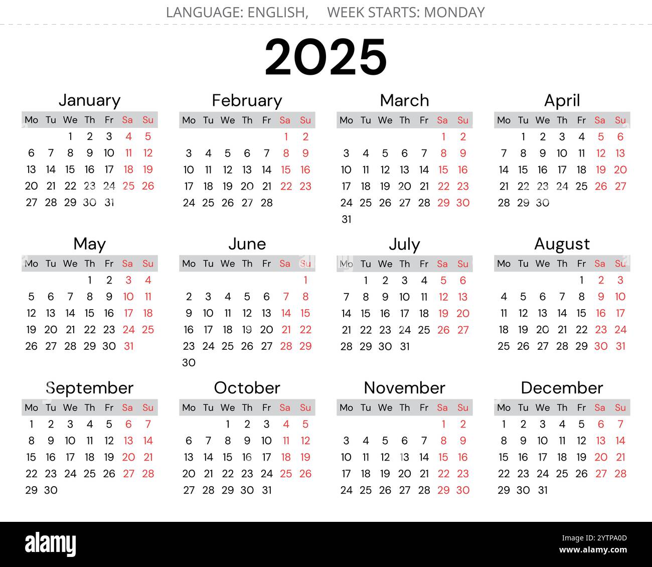 2025 year english calendar with 12 months. Vector illustration. Week starts monday Stock Vector ...