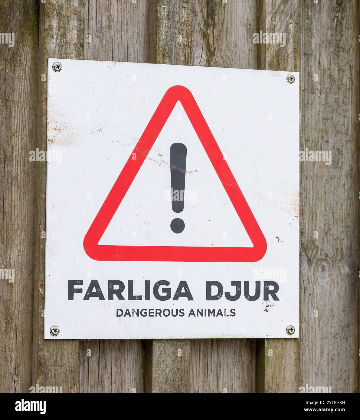 A triangular warning sign mounted on a wooden fence alerts visitors to ...