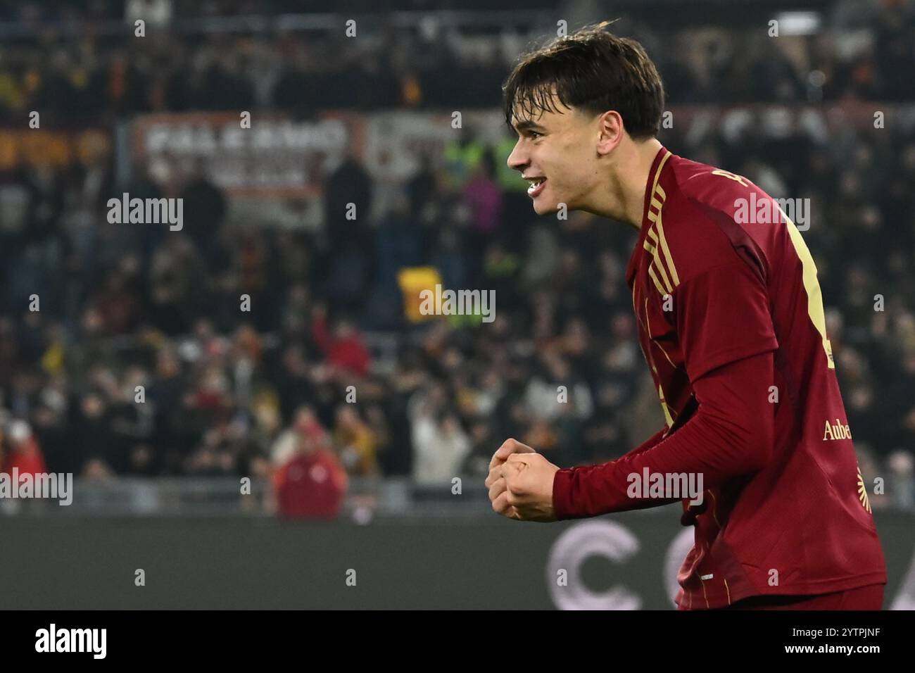 Rome, Italy. 7th Dec 2024. Niccolò Pisilli of A.S. Roma celebrates ...
