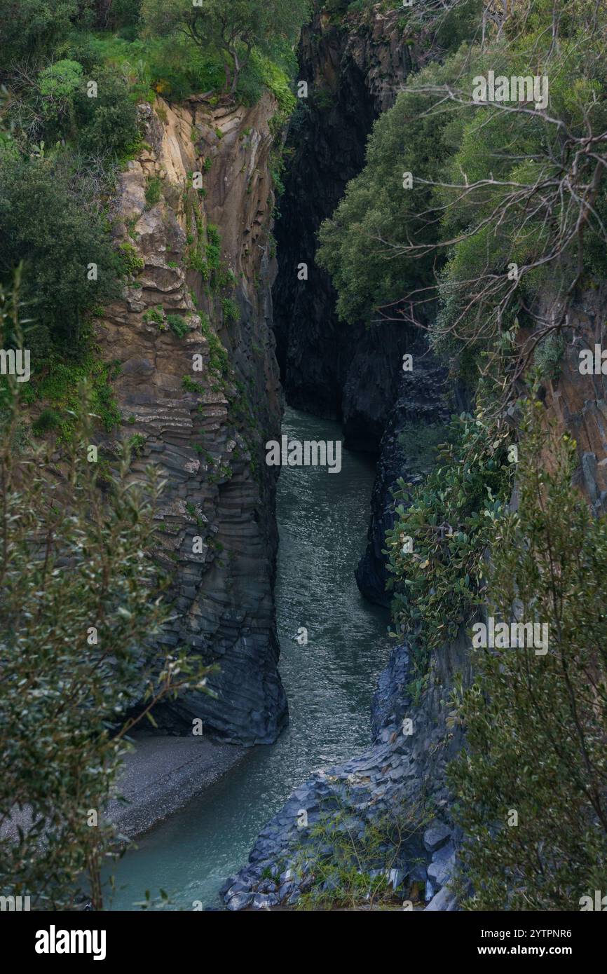 Gole dell Alcantara gorge formed by basalt columns with river near to ...