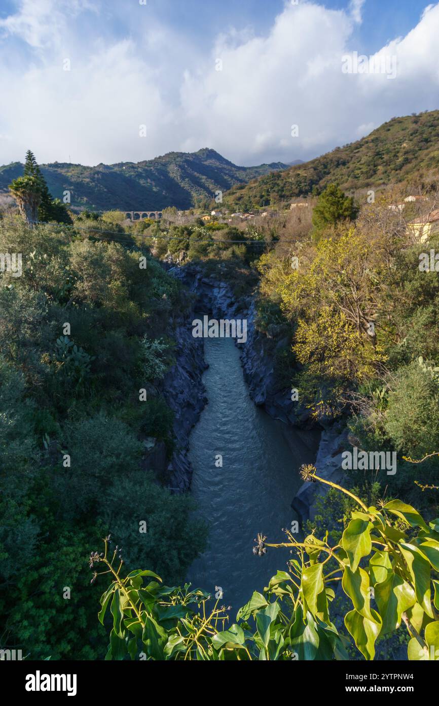 Gole dell Alcantara gorge formed by basalt columns with river near to ...