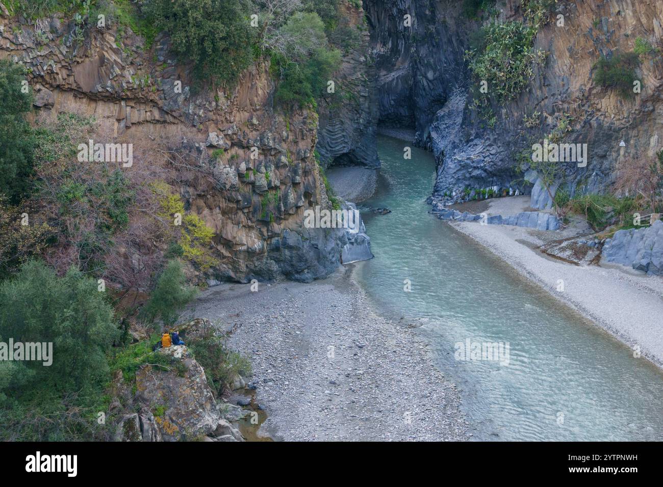 Gole dell Alcantara gorge formed by basalt columns with river near to ...