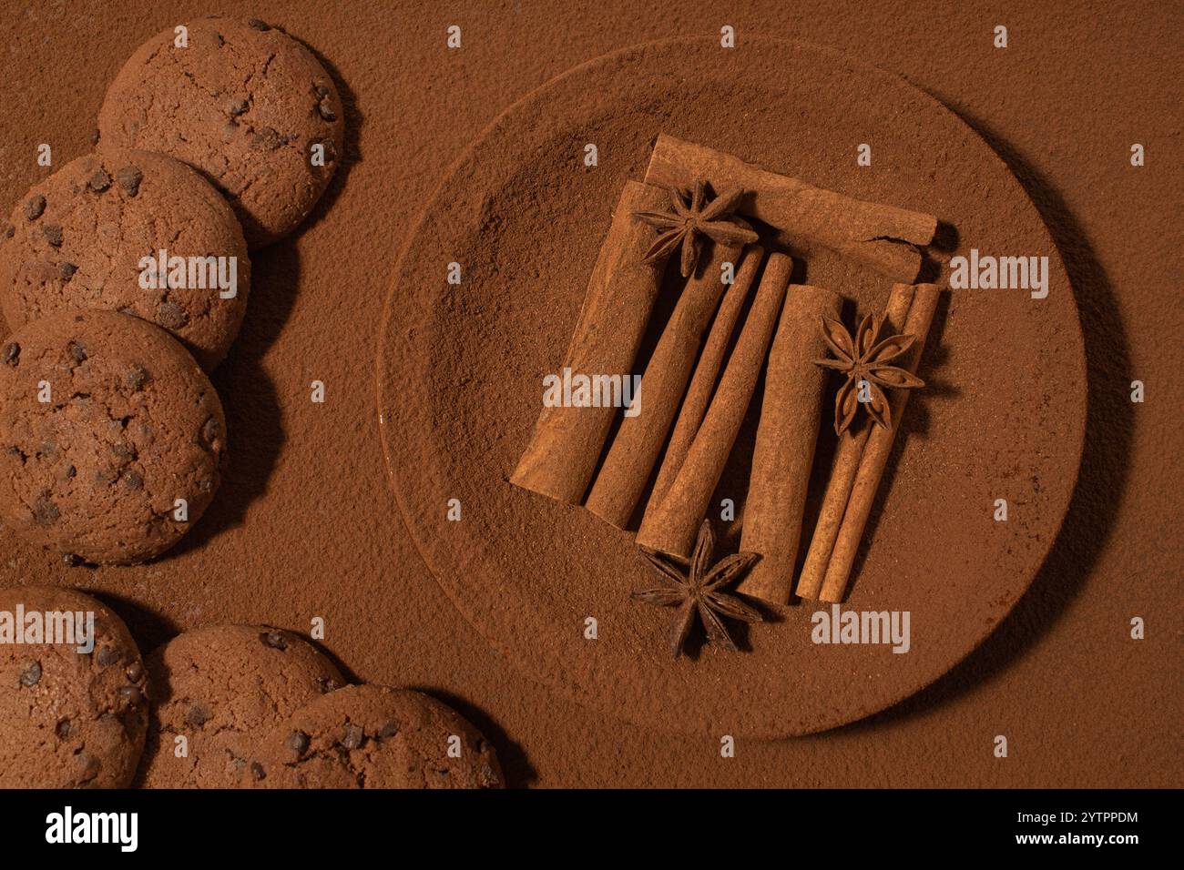 Cinnamon sticks and star anise on a cocoa powder background. Creative ...