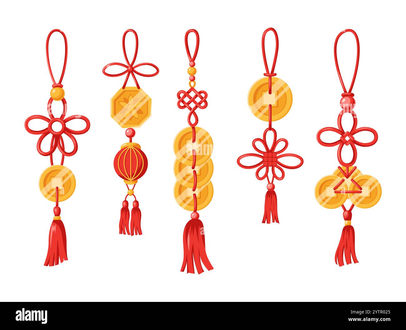 Chinese New Year knots with gold coins flat color vector objects set ...