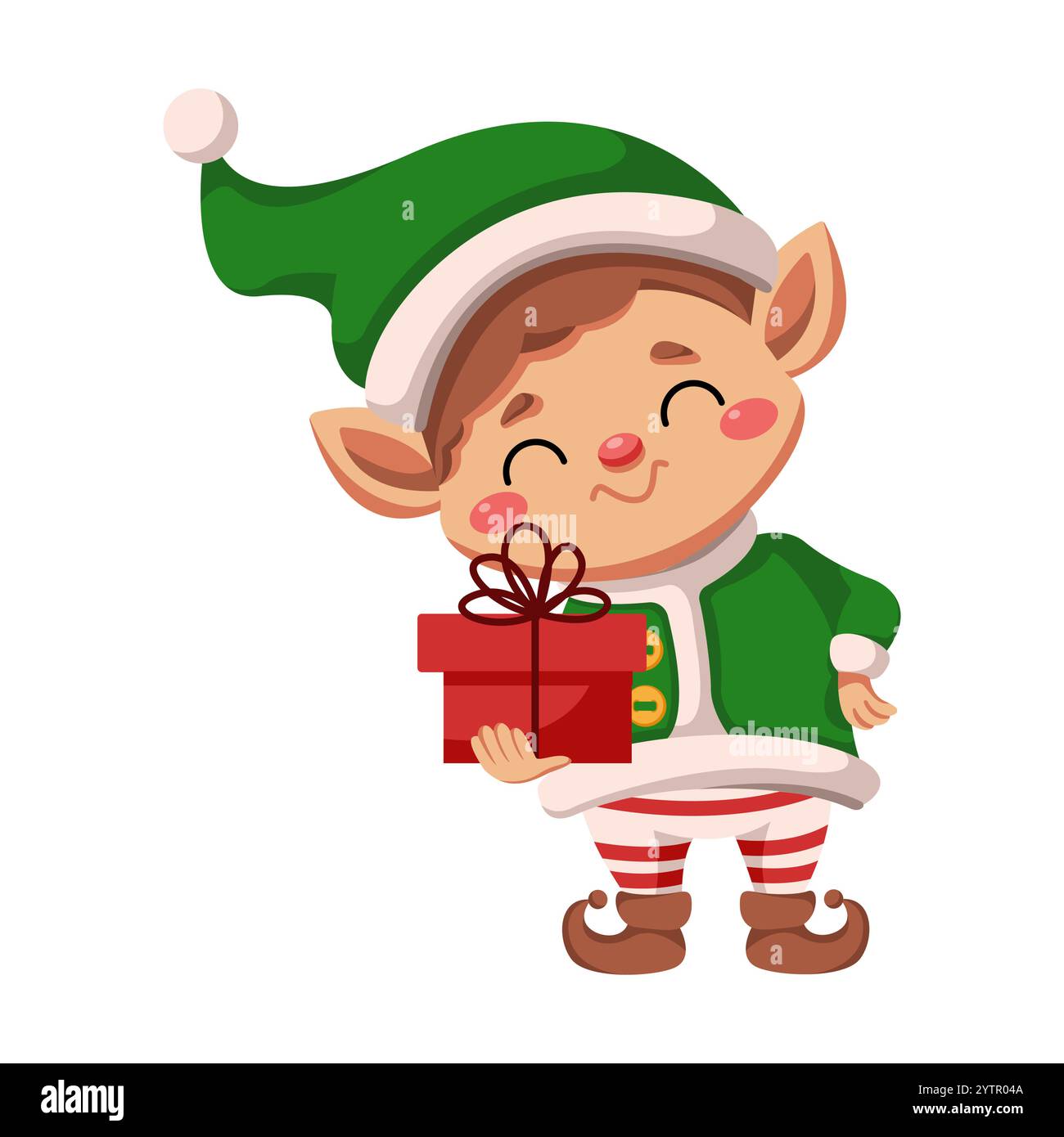Happy elf holding gift box flat color vector character. Little man in ...