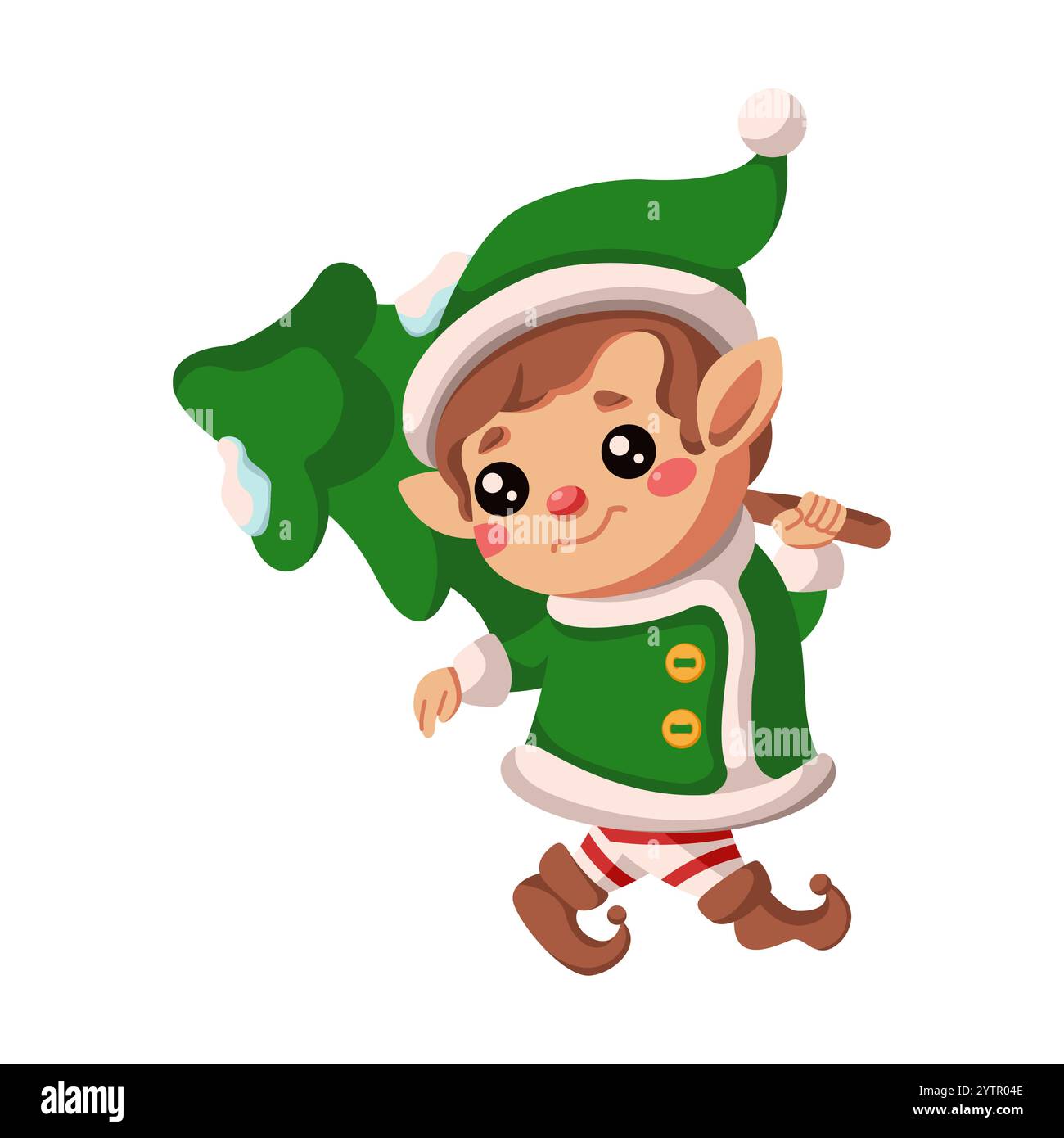 Funny elf carrying fir tree form forest flat color vector character ...