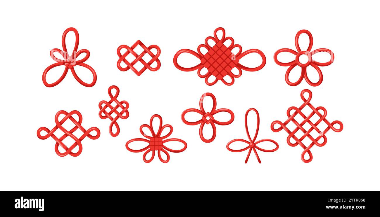 Ornamental red Chinese knots flat color vector objects set. Decorative ...