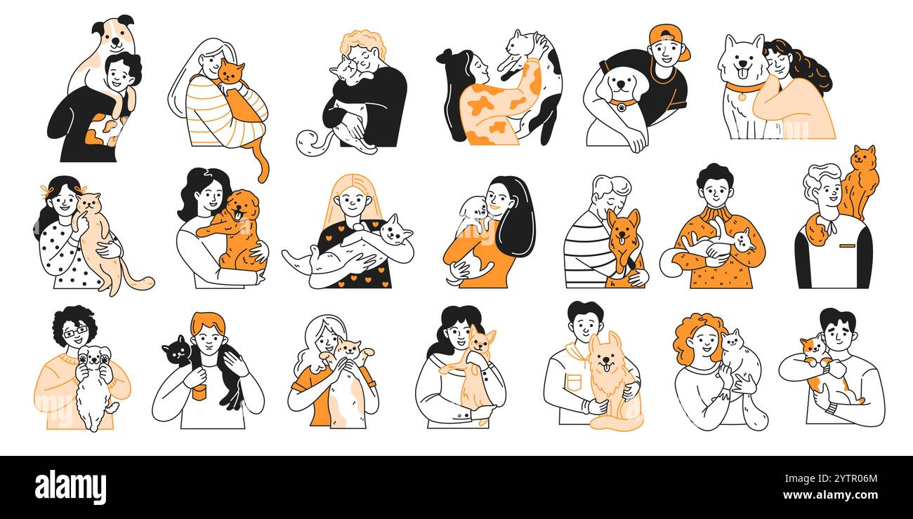 Happy owners embracing beloved pets color linear icons collection ...