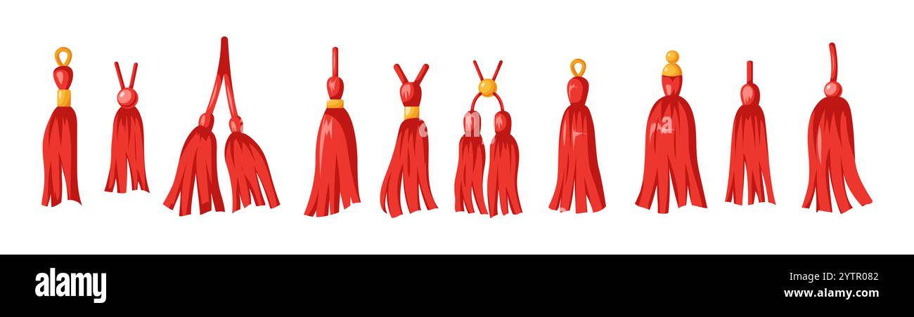 Red tassels hanging flat color vector objects set. Traditional Chinese ...