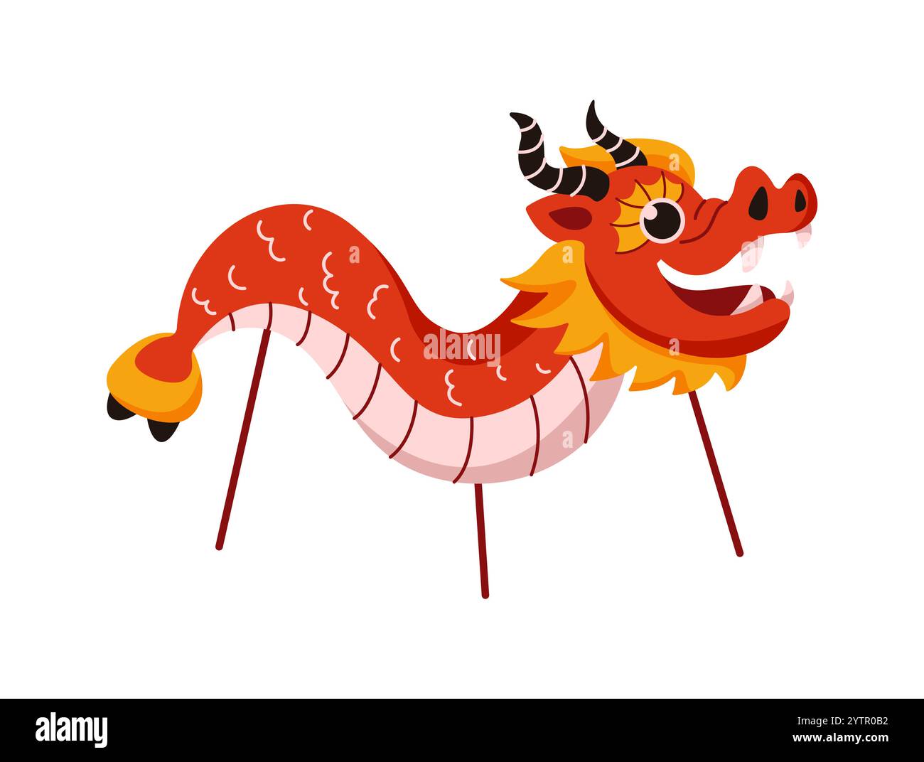 Traditional red Chinese dragon puppet dancing flat color vector object ...