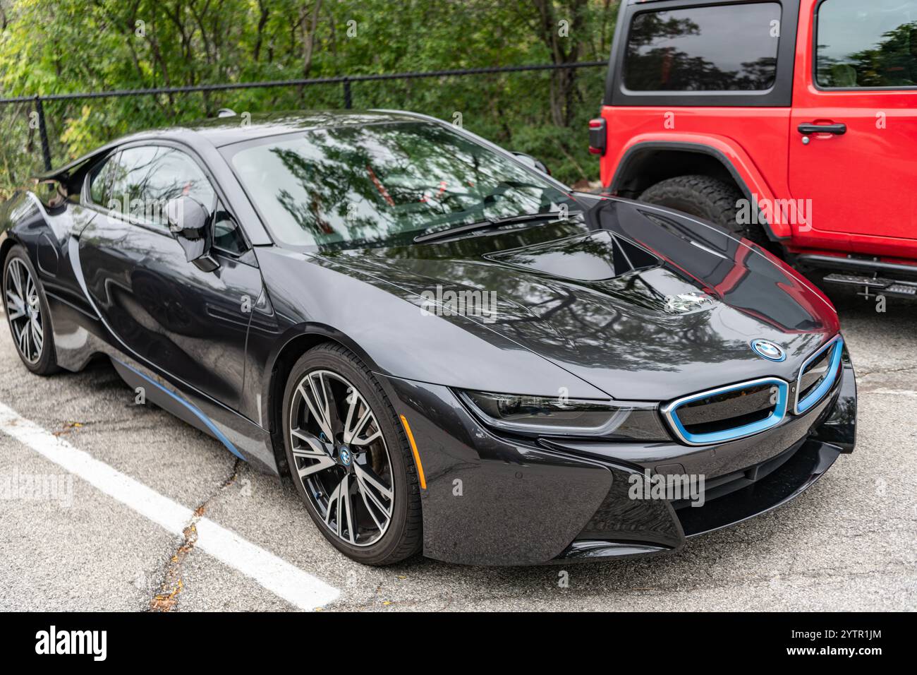 Chicago, Illinois - September 29, 2024: BMW i8 Giga world black color. BMW i8 Giga world parked ...