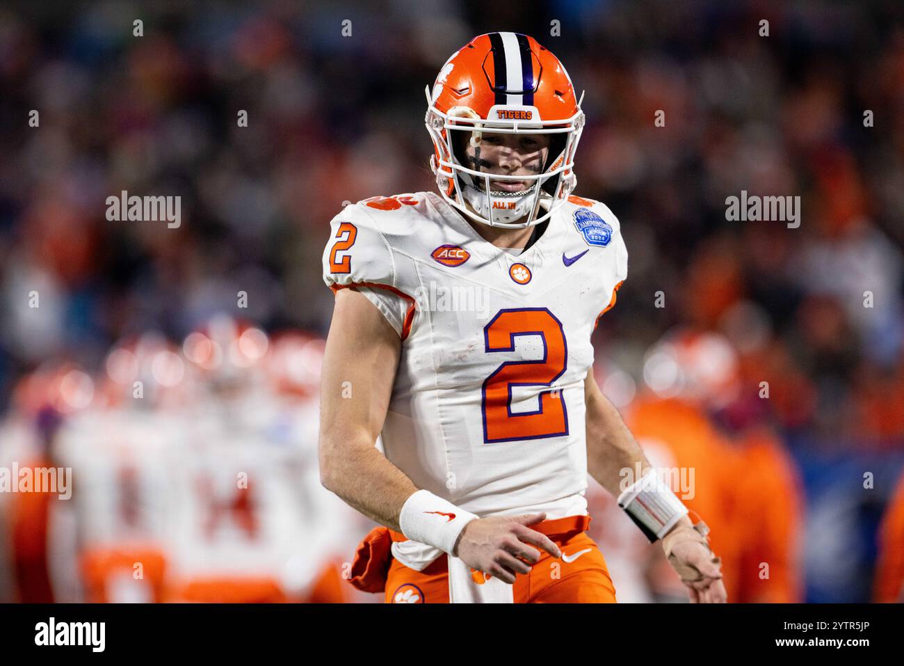 Charlotte, NC, USA. 7th Dec, 2024. Clemson Tigers quarterback Cade Klubnik (2) during the second ...