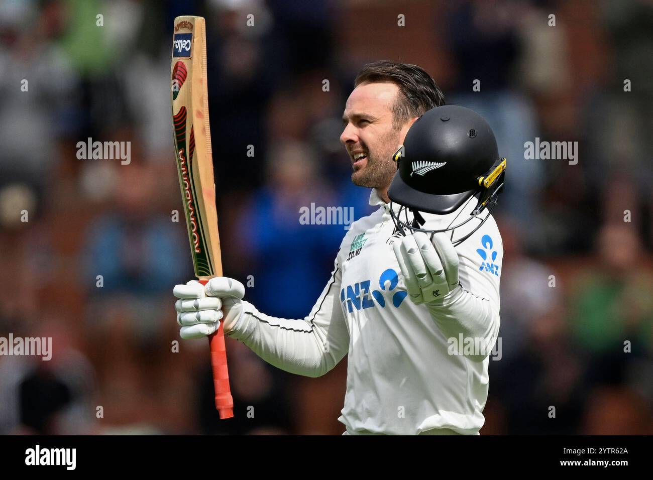 New Zealand's Tom Blundell celebrates his century during play on day ...