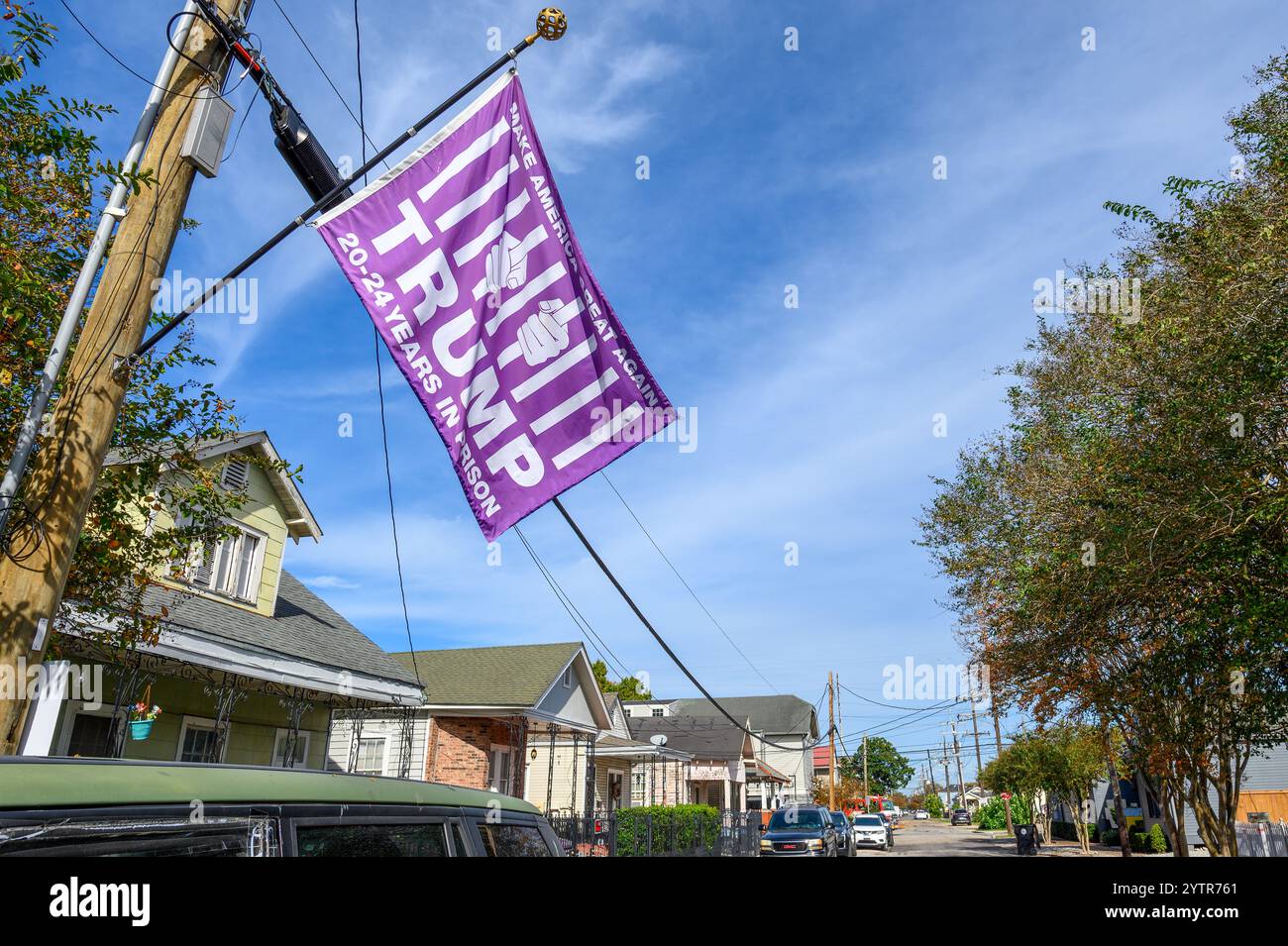 NEW ORLEANS, LA, USA - DECEMBER 3, 2023: Anti Trump flag on a utility ...